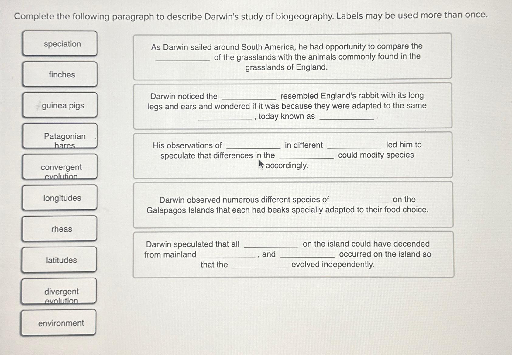 Solved Complete the following paragraph to describe Darwin's | Chegg.com