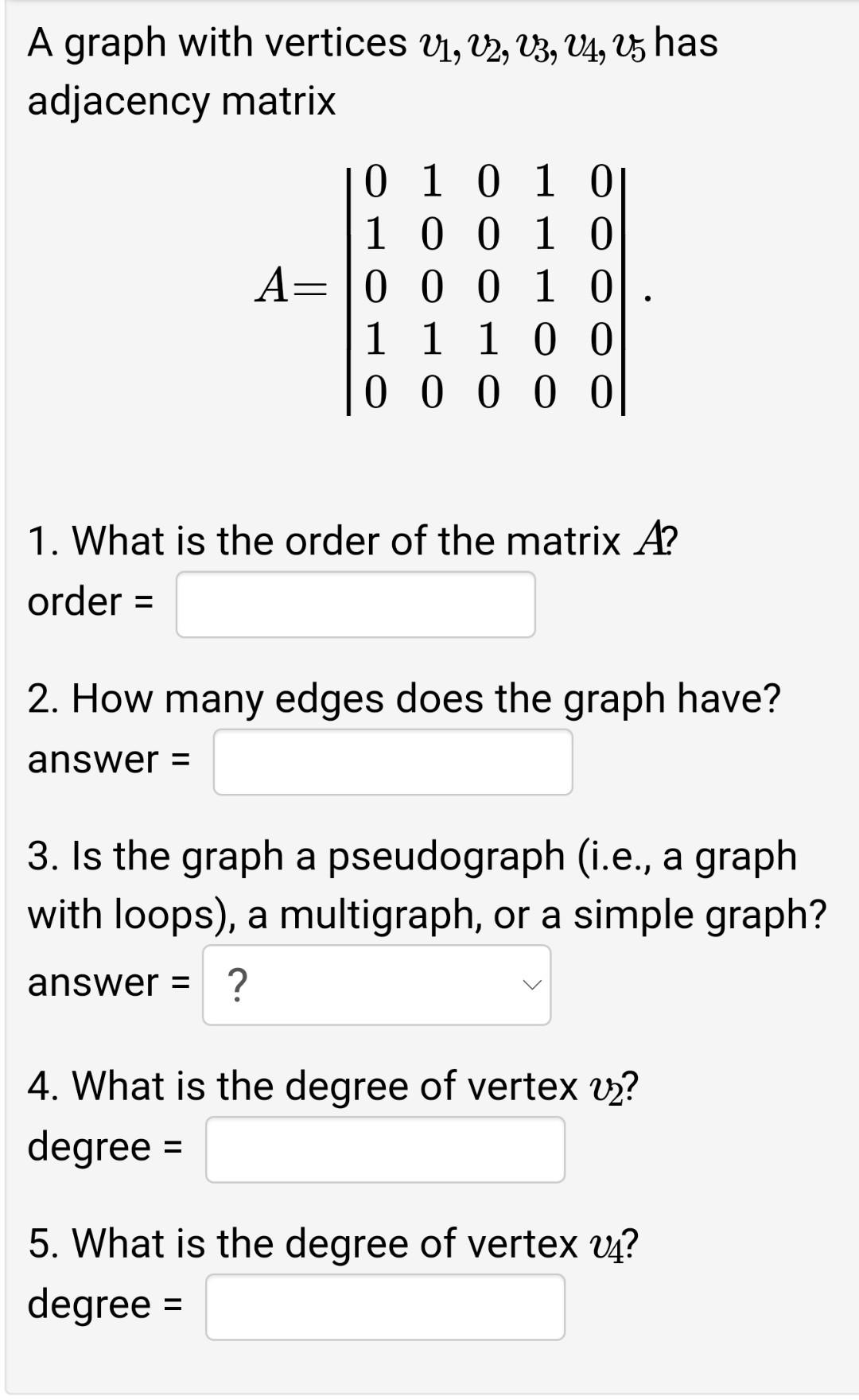 Solved A graph with vertices V1, V2, V3, V4, 25 has | Chegg.com