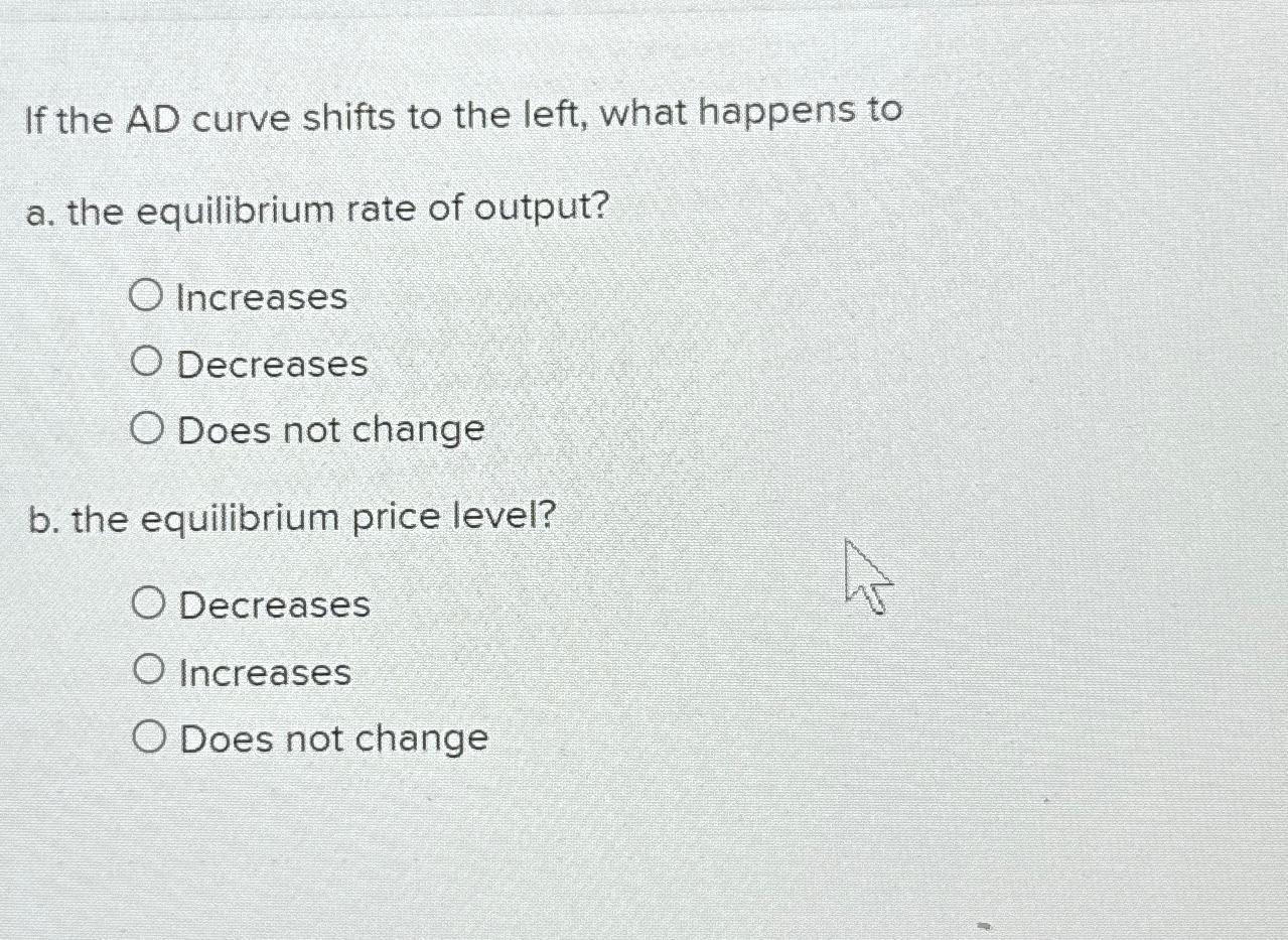 Solved If the AD curve shifts to the left, what happens toa. | Chegg.com