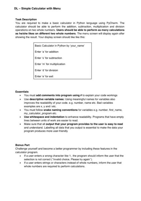 Solved DL - Simple Calculator with Menu Task Description You | Chegg.com