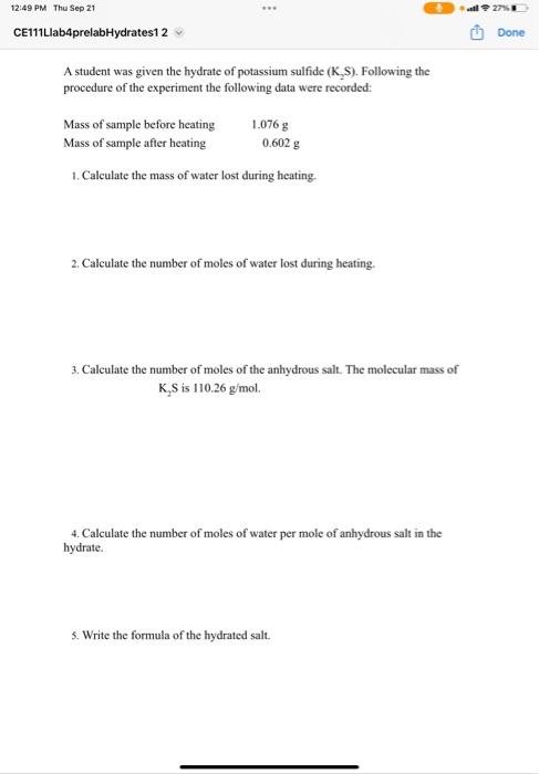 Solved A student was given the hydrate of potassium sulfide | Chegg.com