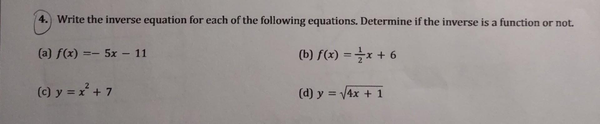 Solved 4. Write the inverse equation for each of the | Chegg.com