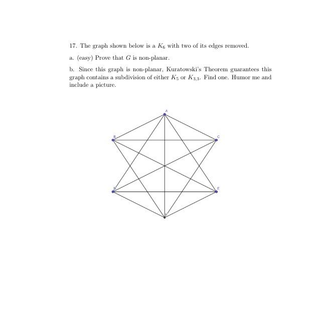 Solved 17. The graph shown below is a K6 with two of its | Chegg.com