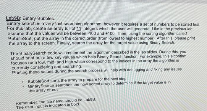 Solved Lab9b Binary Bubbles Binary Search Is A Very Fast 