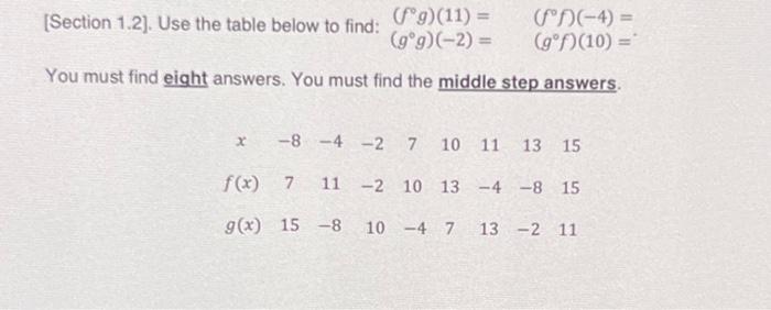 Solved [Section 1.2]. Use the table below to find: | Chegg.com
