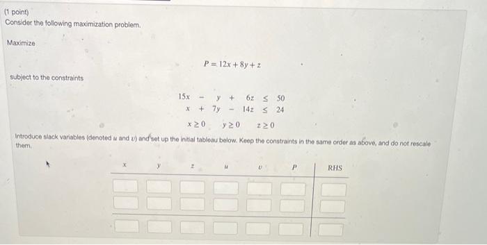 Solved (1 point) Consider the following maximization | Chegg.com