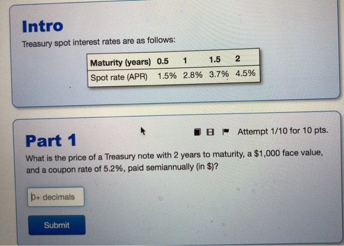 Solved Intro Treasury spot interest rates are as follows: | Chegg.com