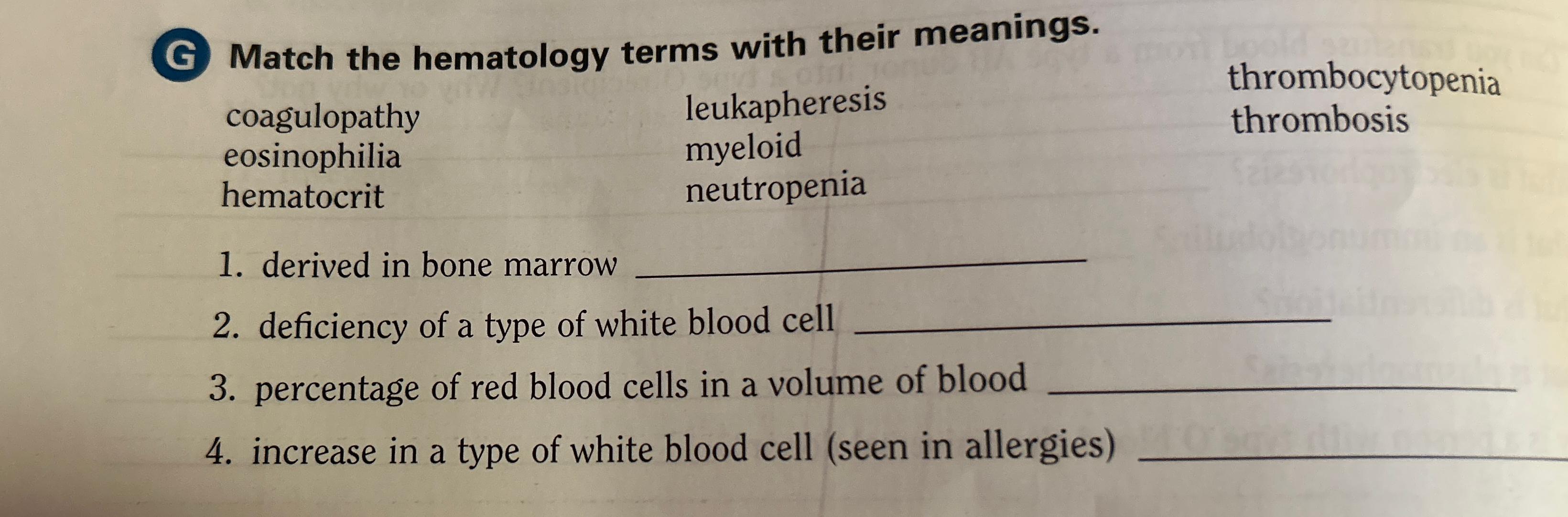 Solved G Match the hematology terms with their meanings. | Chegg.com