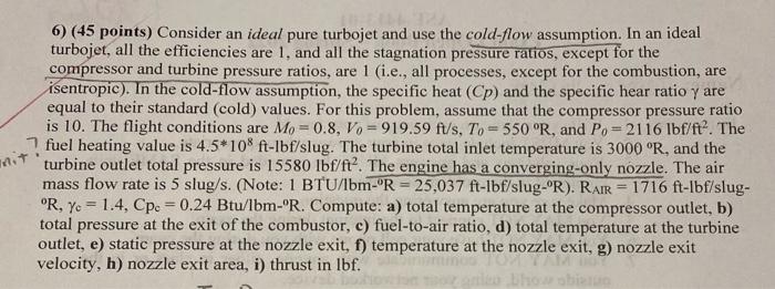 6) (45 points) Consider an ideal pure turbojet and | Chegg.com