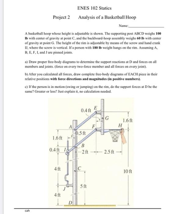 Solved Project 2 Name: A basketball hoop whose height is | Chegg.com