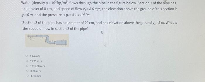 Solved Water (density ρ=103 kg/m3 ) flows through the pipe | Chegg.com