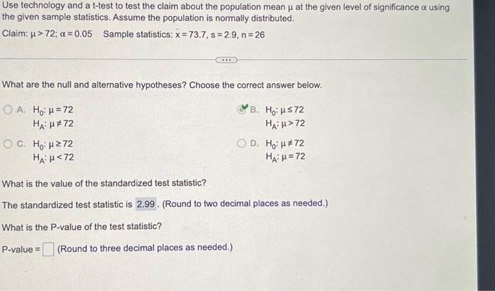 Solved Use Technology And A T Test To Test The Claim About 9194