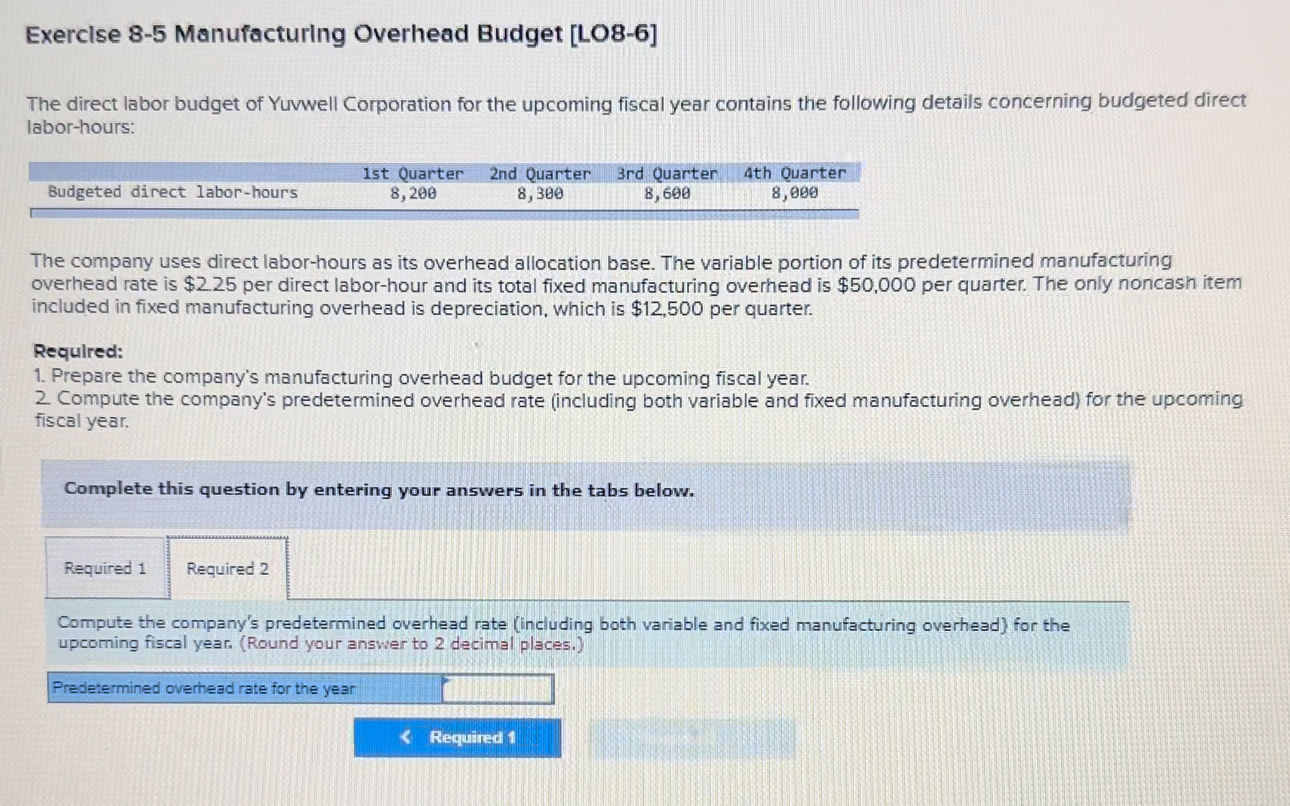 Solved Exercise 8-5 Manufacturling Overhead Budget | Chegg.com Solved Exercise 8-5 Manufacturling Overhead Budget | Chegg.com