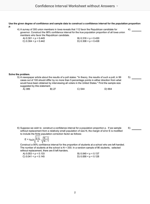 Solved Confidence Interval Worksheet without Answers MAT 157 | Chegg.com