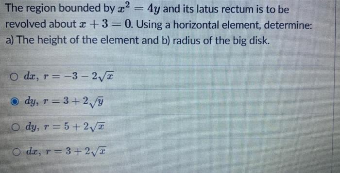 Solved The region bounded by x2 = 4y and its latus rectum is | Chegg.com