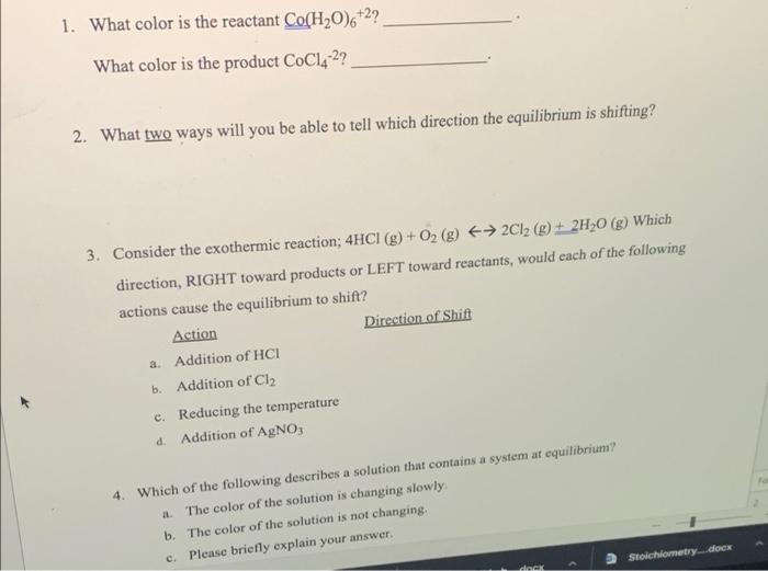 Solved 1. What color is the reactant Co(H₂O)6+2? What color | Chegg.com