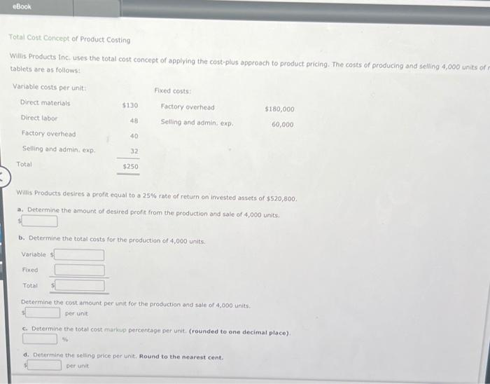Solved eBook Total Cost Concept of Product Costing Willis | Chegg.com