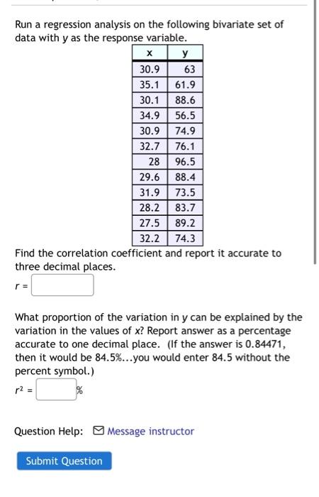 Solved Run a regression analysis on the following bivariate | Chegg.com
