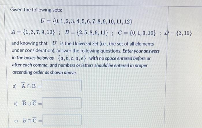 Solved Given the following sets: | Chegg.com