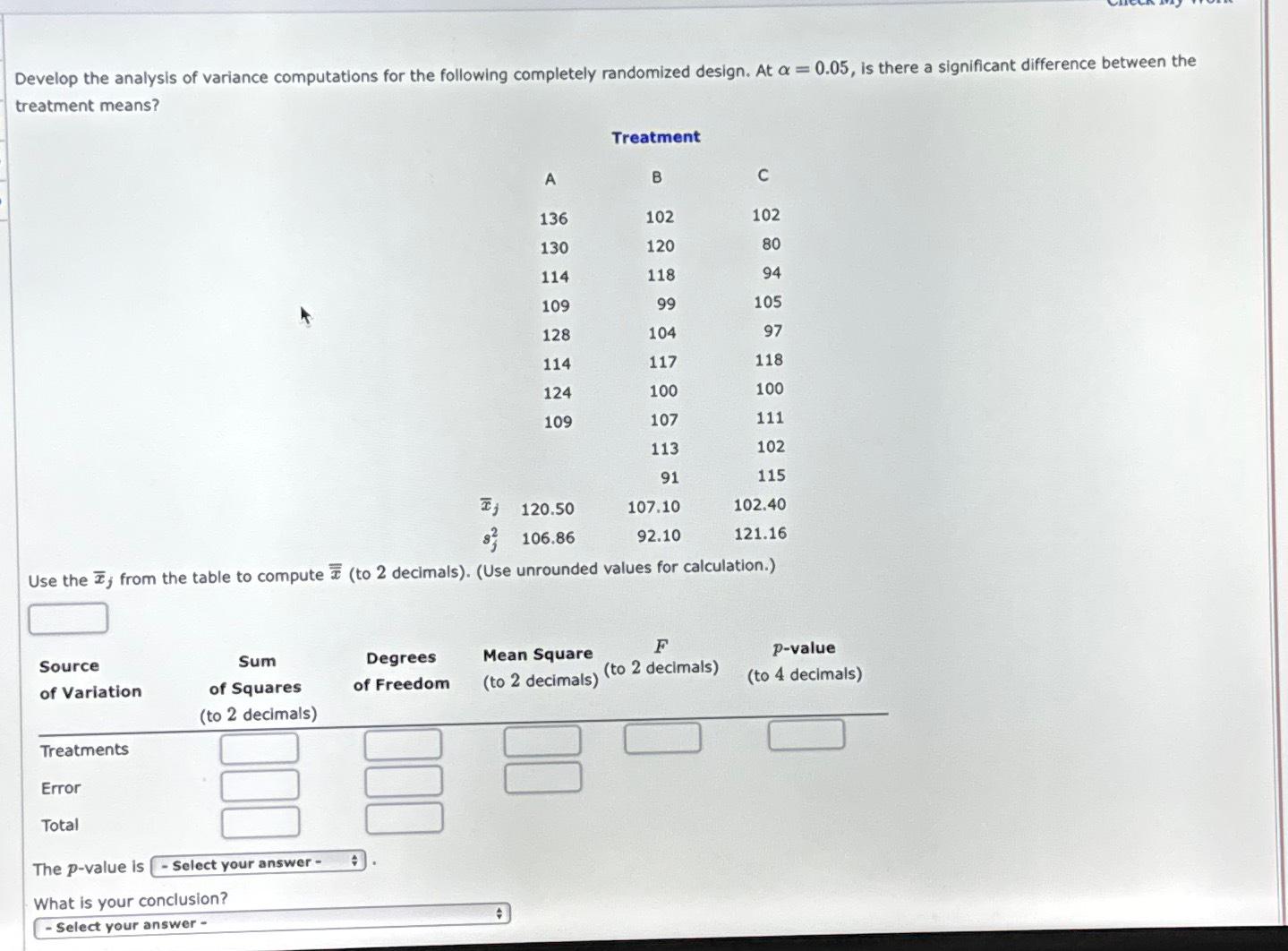 Solved Develop the analysis of variance computations for the | Chegg.com
