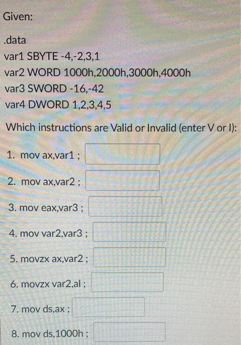 Solved Given: .data var1 SBYTE -4,-2,3,1 var2 WORD | Chegg.com