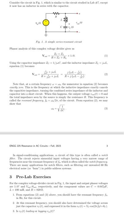Solved 3 Pre-Lab Exercises For the complex voltage-divider | Chegg.com