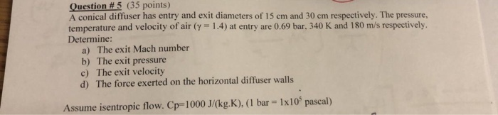 Solved Question #5 (35 points) A conical diffuser has entry | Chegg.com