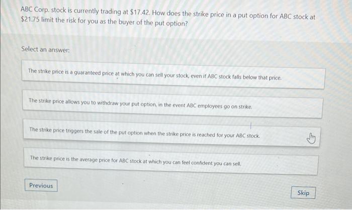 Solved ABC Corp. stock is currently trading at $17.42. How | Chegg.com