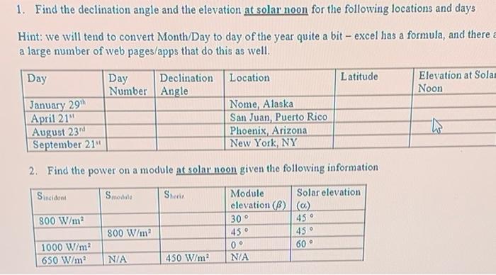 Solved 1. Find the declination angle and the elevation at | Chegg.com
