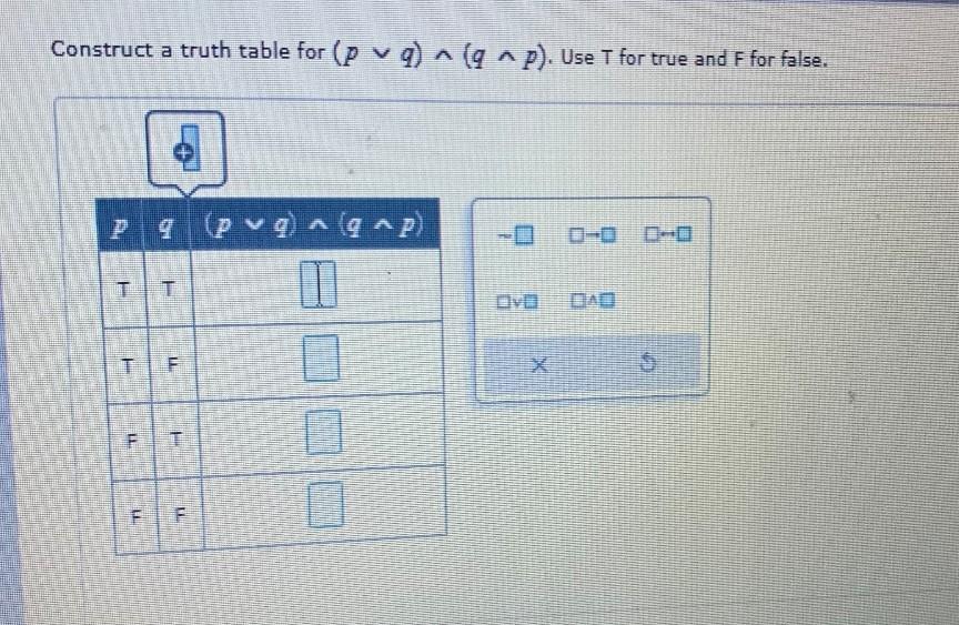 Solved Construct a truth table for (p∨q)∧(q∧p). Use T for | Chegg.com