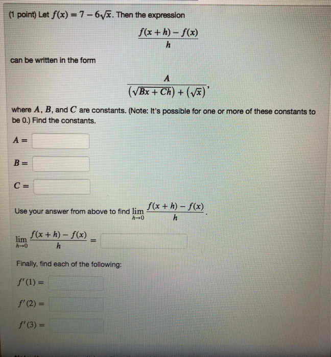 Solved (1 point) Let f(x) = 7 -67%. Then the expression | Chegg.com