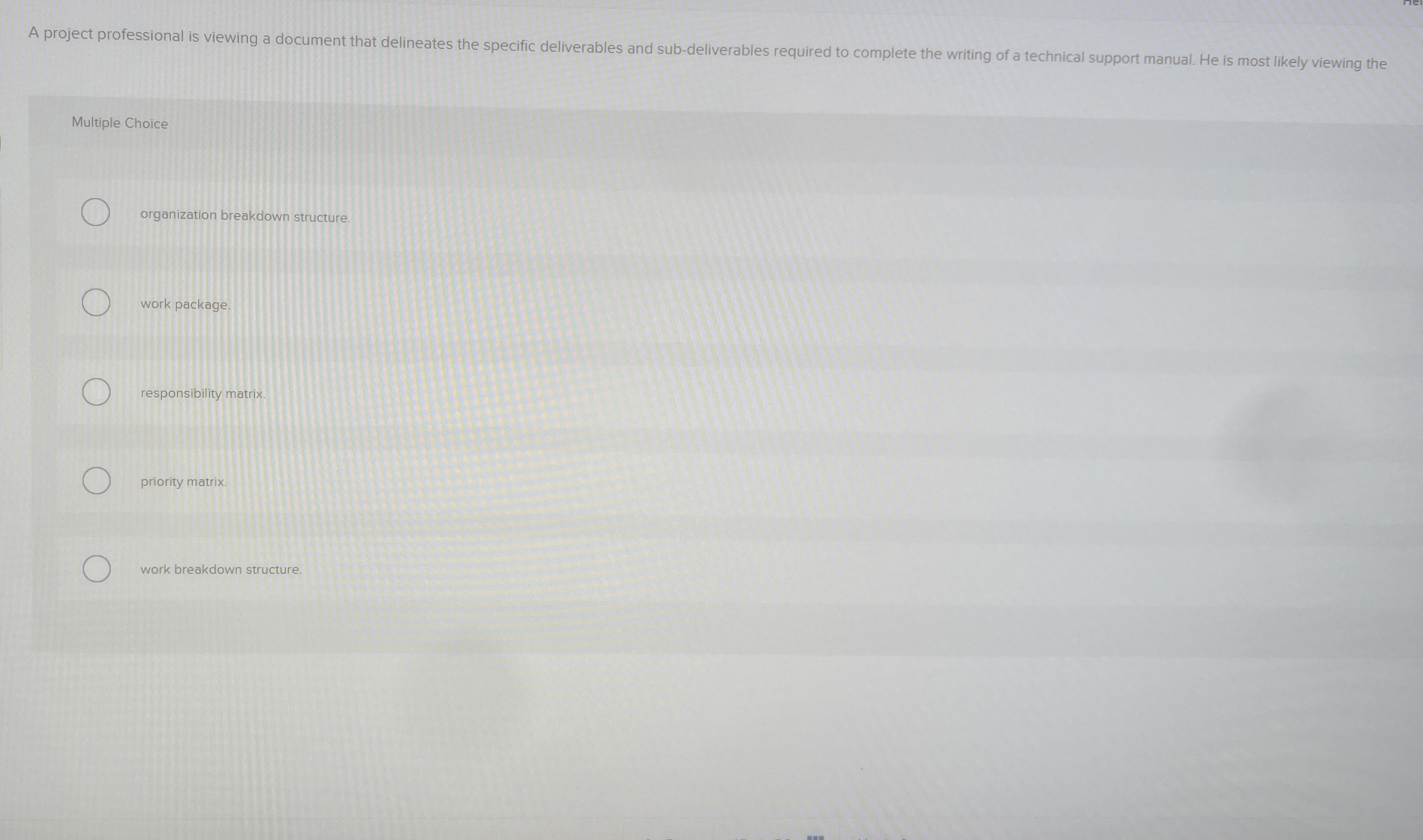 Solved Multiple Choiceorganization breakdown structure.work | Chegg.com