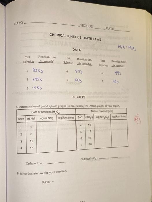 Solved NAME SECTION DATE CHEMICAL KINETICS - RATE LAWS MV, | Chegg.com