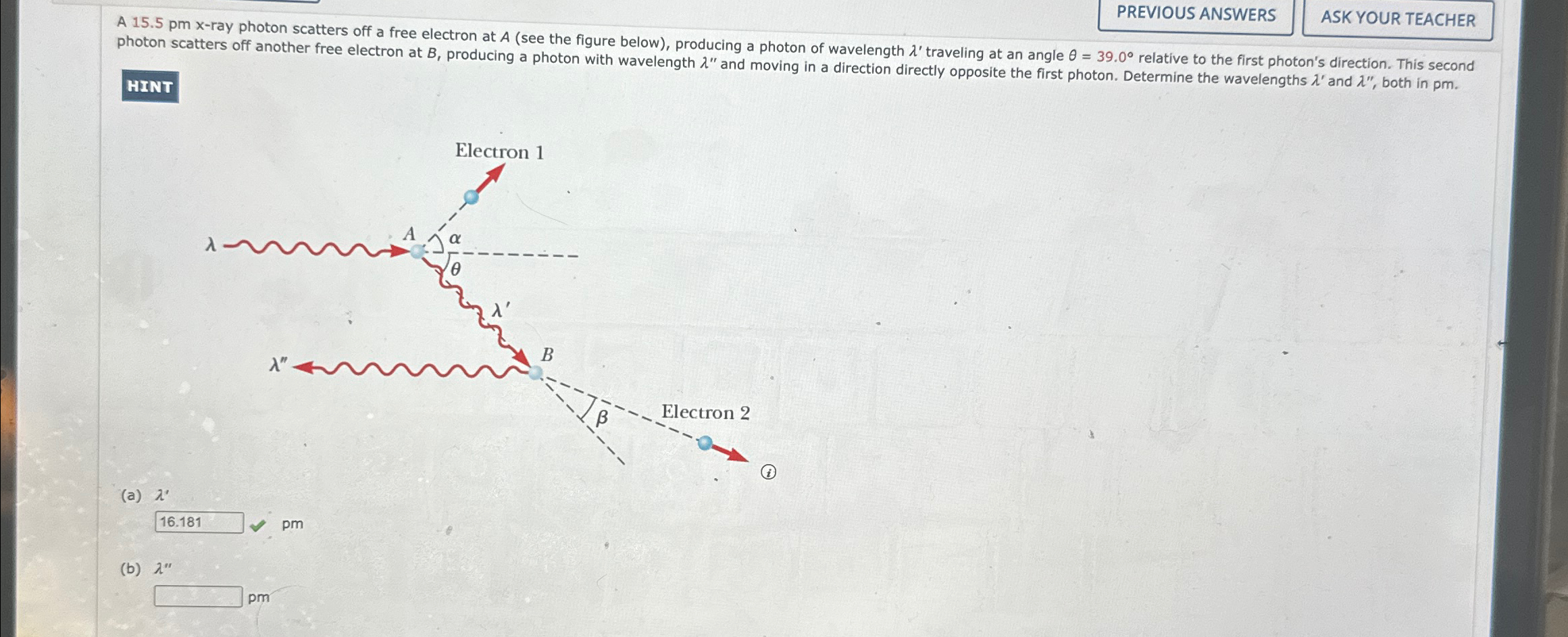 Solved A 15.5pmx-ray photon scatters off a free electron at | Chegg.com
