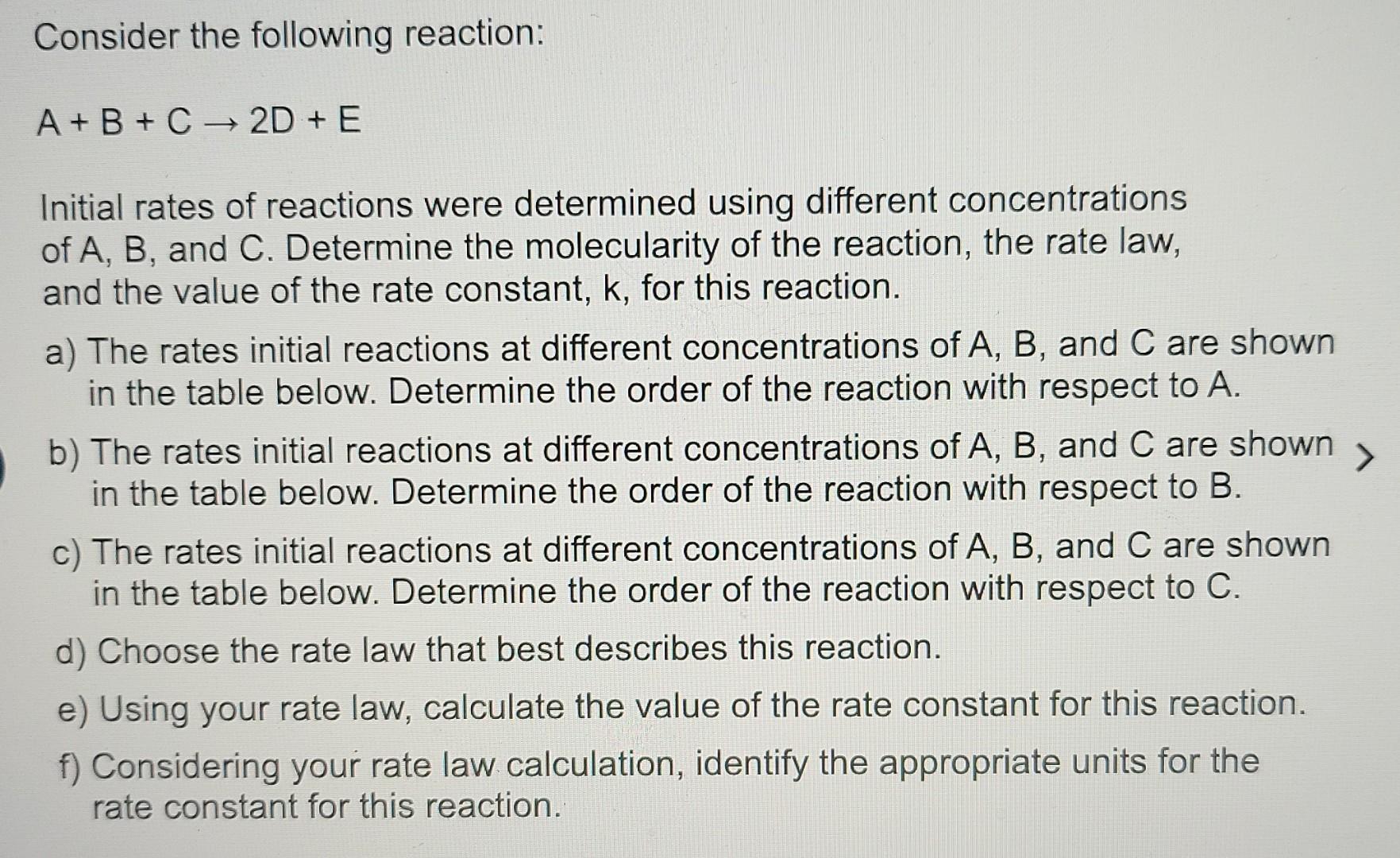 Solved Consider the following reaction: A + B + C 2D + E - > | Chegg.com