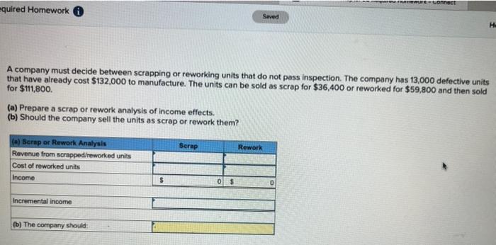Solved A company must decide between scrapping or reworking | Chegg.com