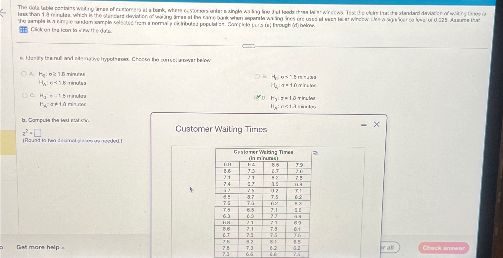 Solved The data table contains waiting times of customers at | Chegg.com