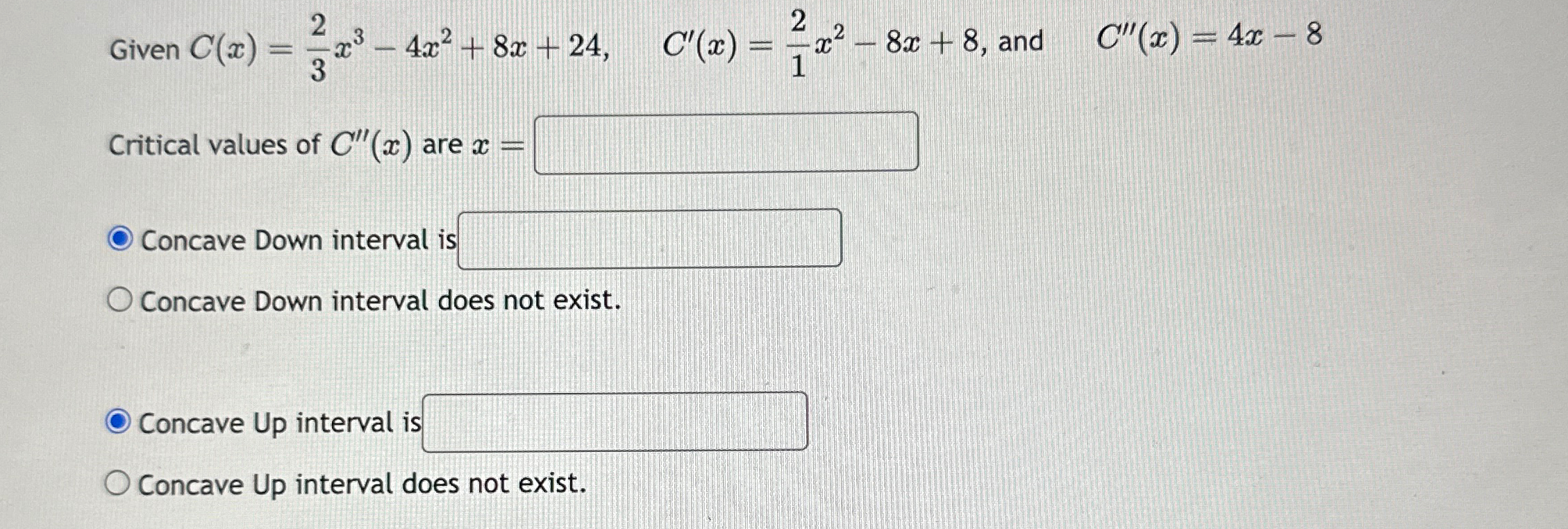 Solved Given C(x)=23x3-4x2+8x+24,C'(x)=21x2-8x+8, ﻿and | Chegg.com