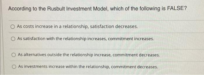 Solved According to the Rusbult Investment Model, which of | Chegg.com