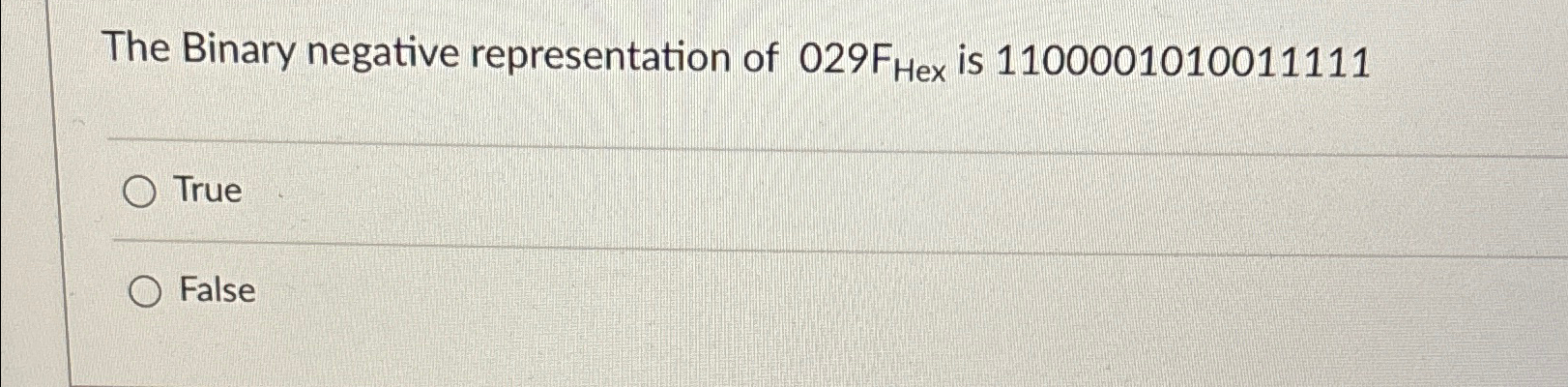 Solved The Binary negative representation of 029FHex ﻿is | Chegg.com
