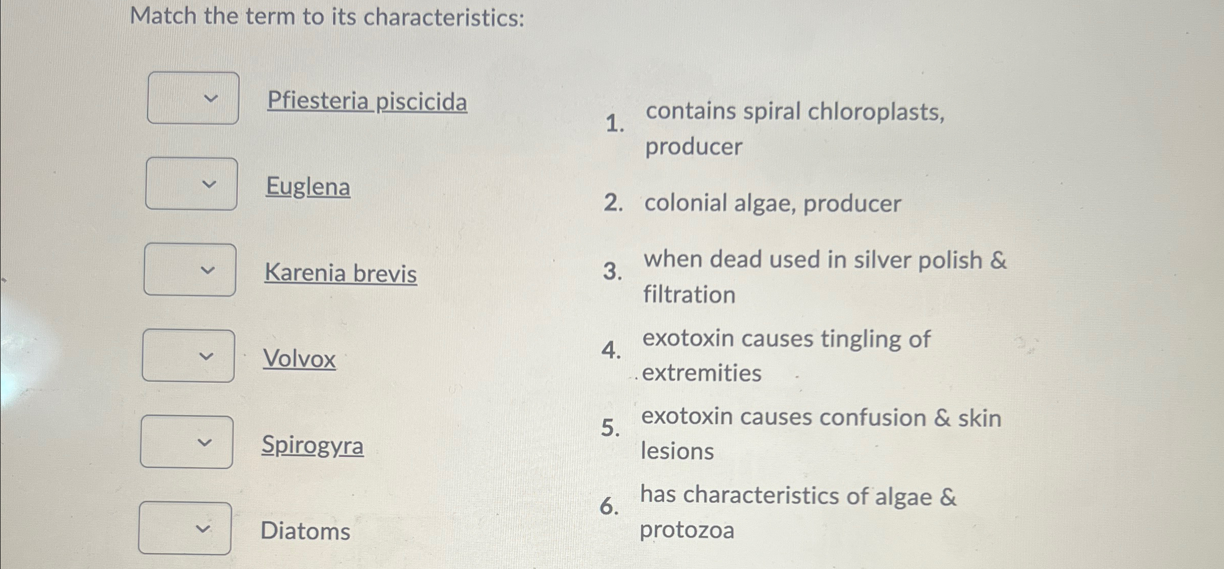 Solved Match the term to its characteristics:Pfiesteria | Chegg.com