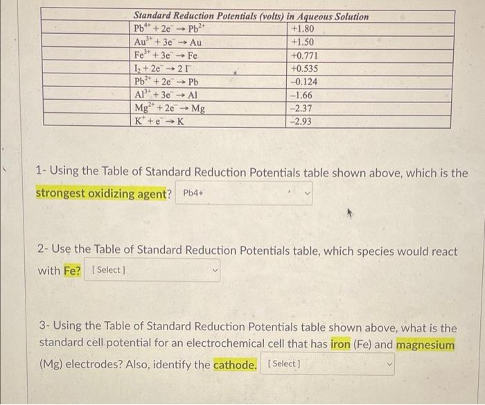 Solved - Pb2 Standard Reduction Potentials (volts) in | Chegg.com