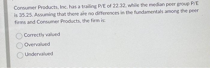 Solved Consumer Products, Inc. has a trailing P/E of 22.32 , | Chegg.com