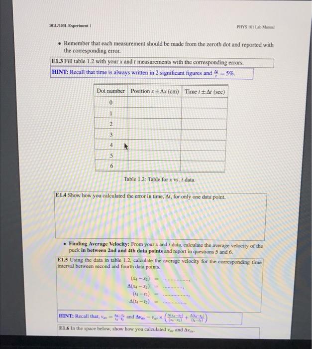 1.4 Experiment - Level the air table. Put the carbon | Chegg.com