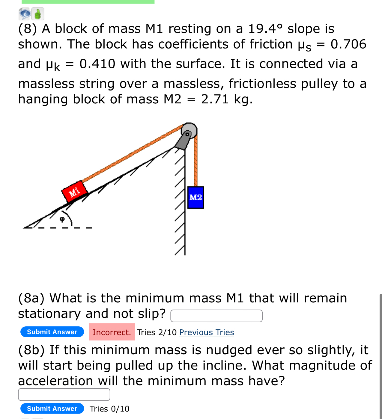 Solved (8) ﻿A block of mass M1 ﻿resting on a 19.4° ﻿slope is | Chegg.com