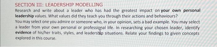 Solved SECTION III: LEADERSHIP MODELLING Research and write | Chegg.com