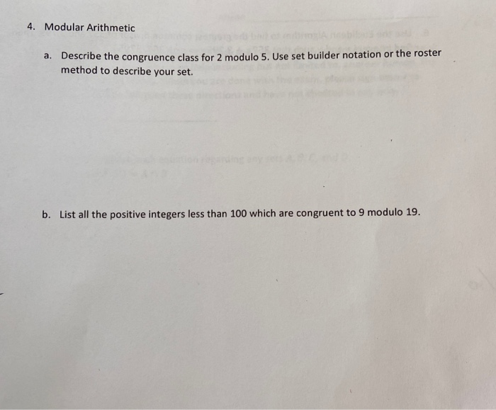 Solved 4. Modular Arithmetic a. Describe the congruence | Chegg.com