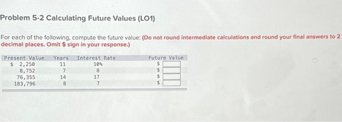 Solved Problem 5-2 Calculating Future Values (LO1) For each | Chegg.com