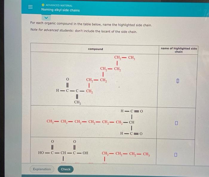 Solved ADVANCED MATERIAL E Naming alkyl side chains For each | Chegg.com