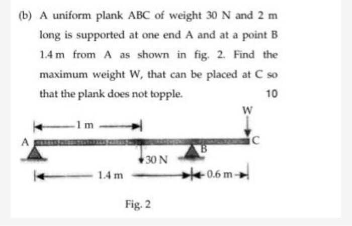 Solved (b) A uniform plank ABC of weight 30 N and 2 m long | Chegg.com